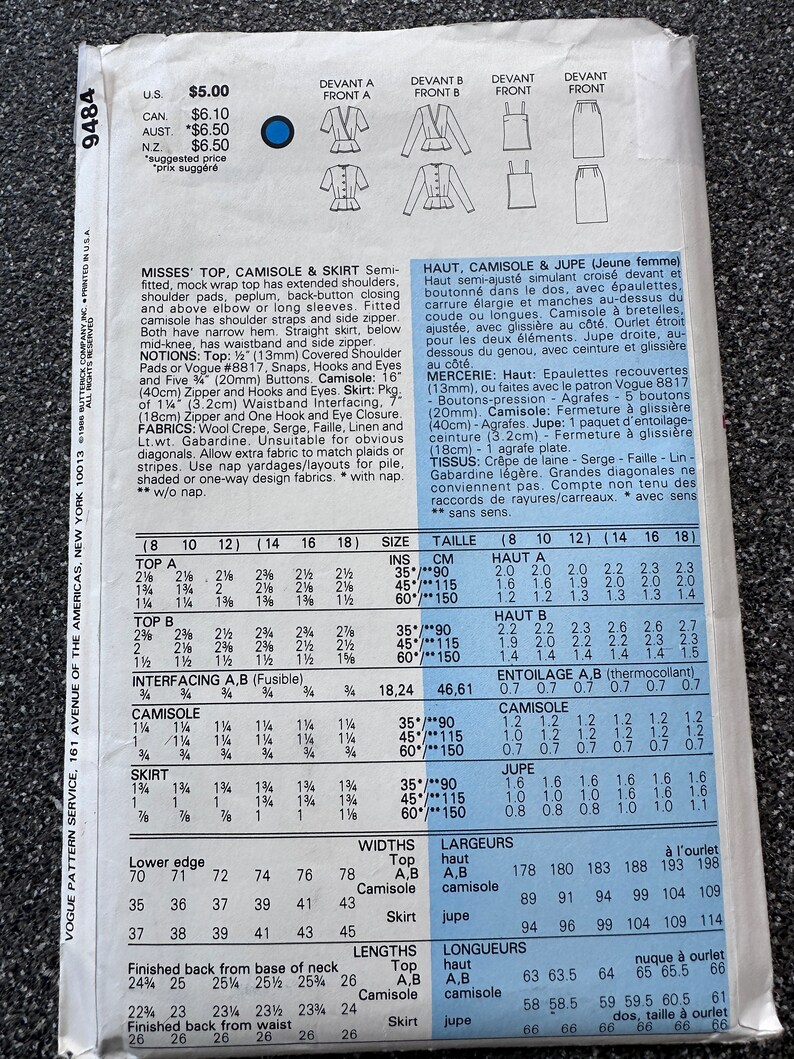 Vintage 80's Vogue #9484 Sewing Pattern Women's Peplum Suit Skirt and ...