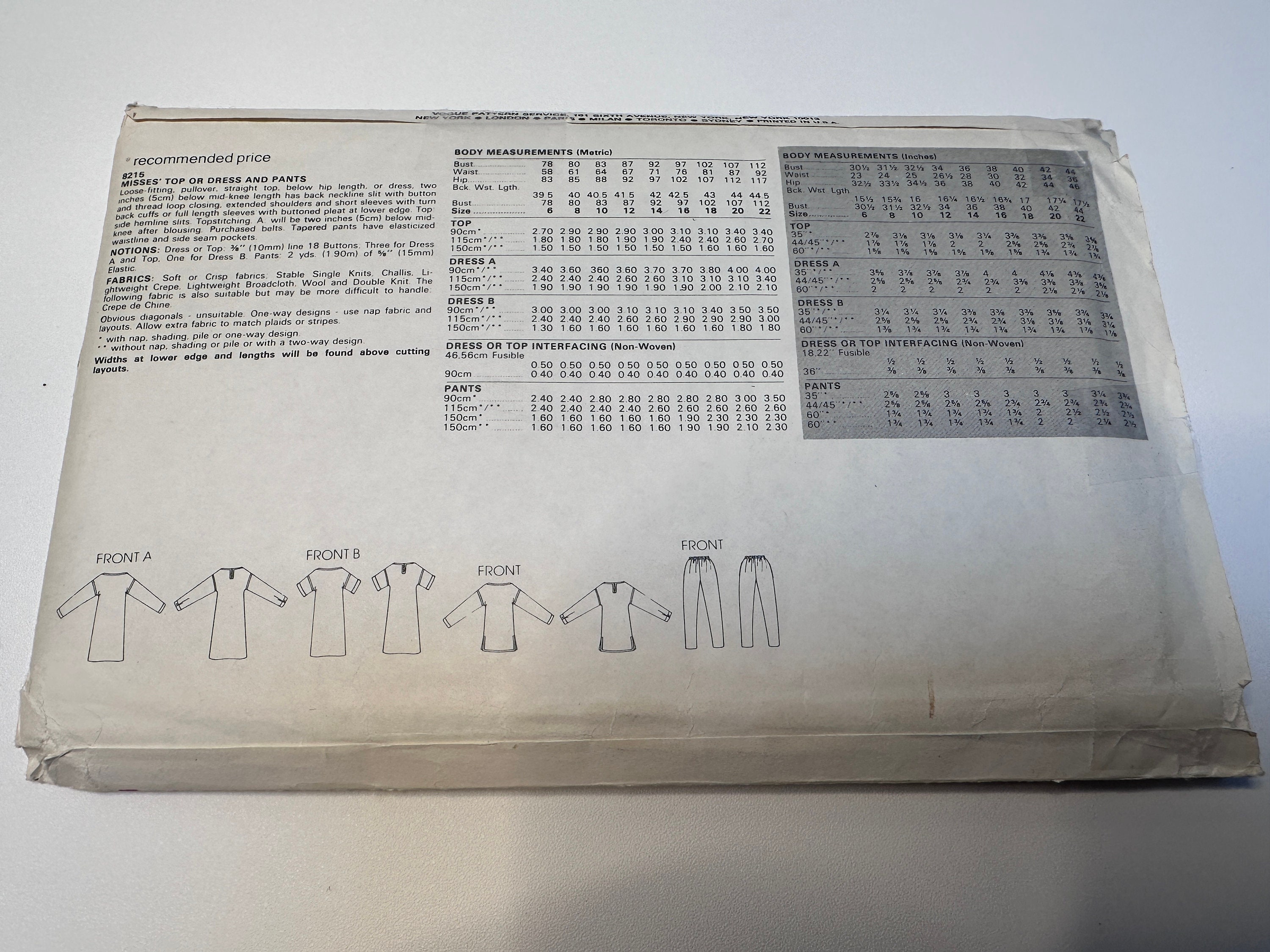 Vintage 80's Vogue #8215 Sewing Pattern Women's Top -pants and Dress Loose Fitting Pullover Bust ...