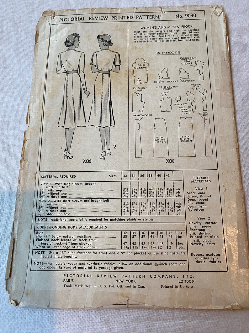 Vintage 30's Pictorial Review Printed Pattern 9030 Sewing Pattern Women ...