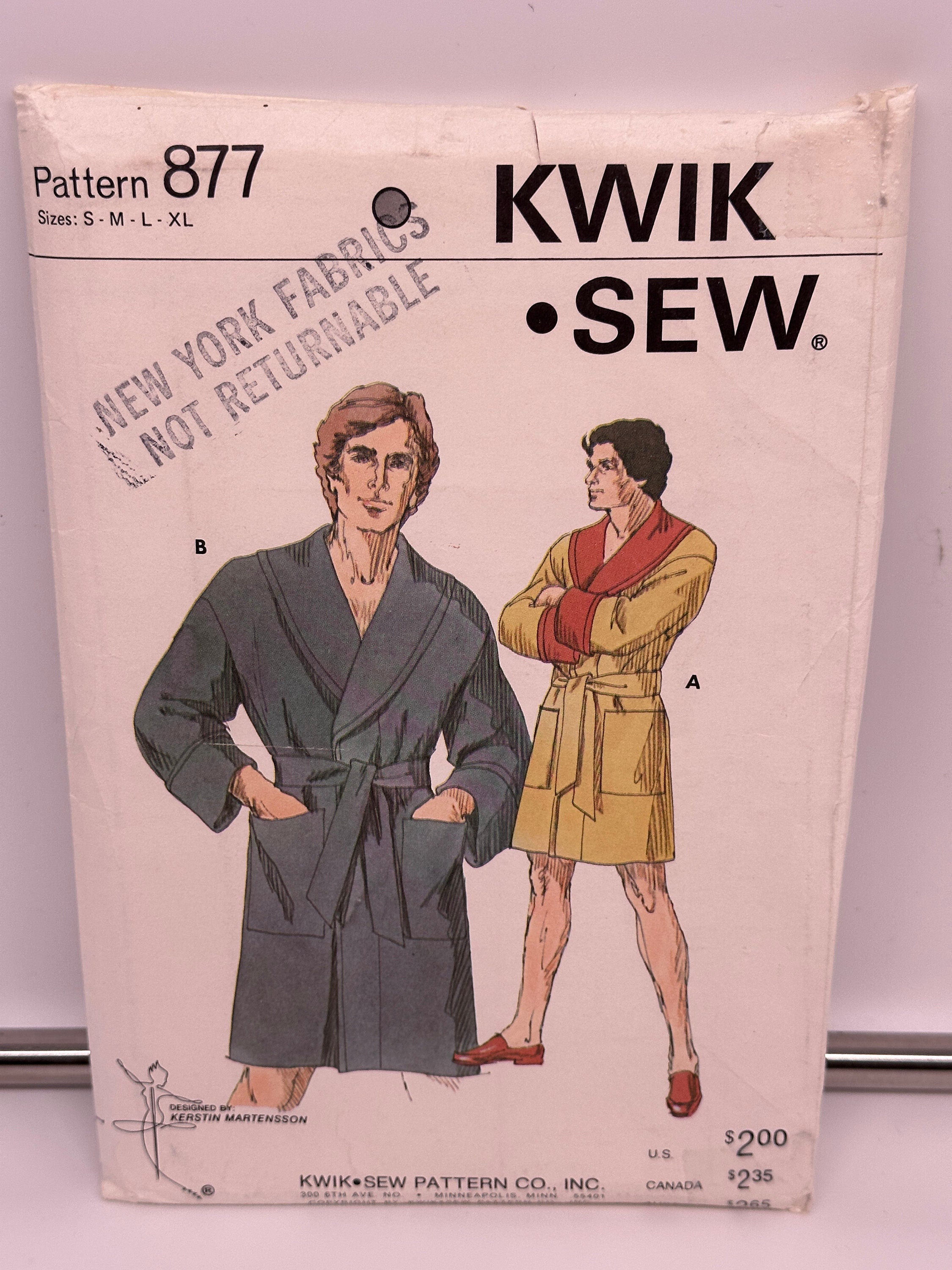 Vintage 80's Kwik Sew 877 Sewing Pattern Men's Robe With Shawl Collar ...