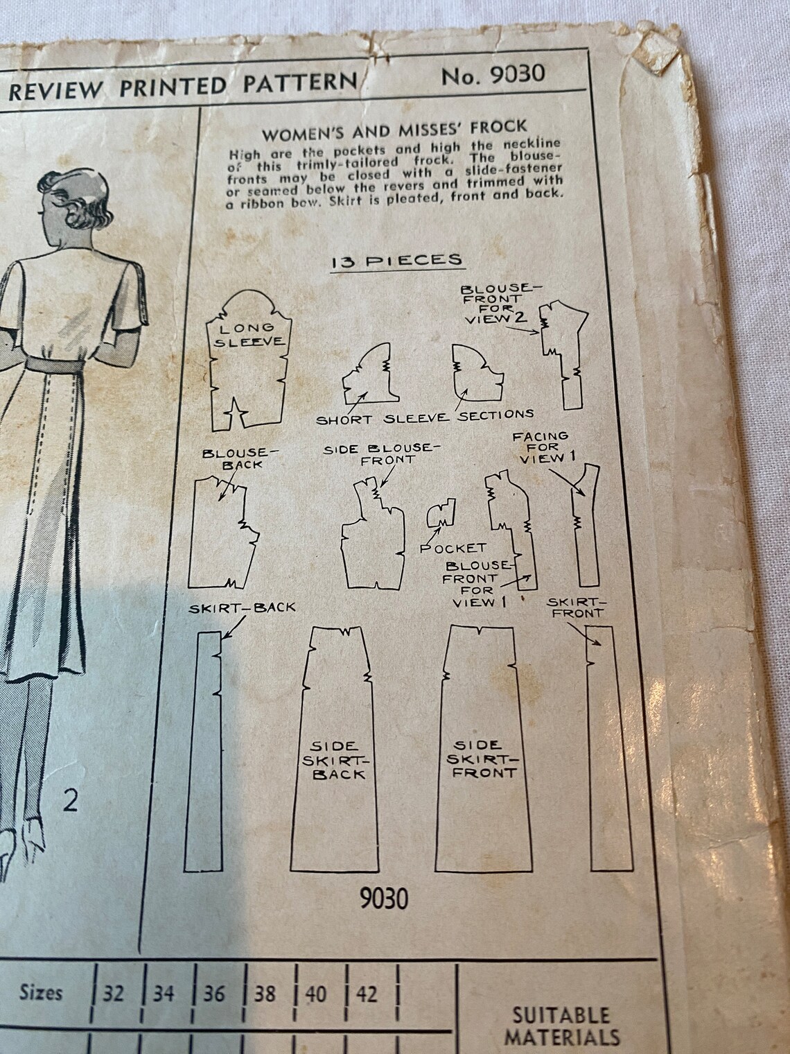 Vintage 30's Pictorial Review Printed Pattern 9030 Sewing Pattern Women ...