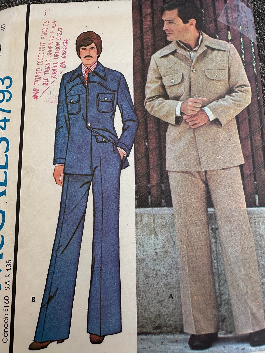 Vintage 70's Mccall's #4793 Sewing Pattern Men's Suit Unlined Jacket ...