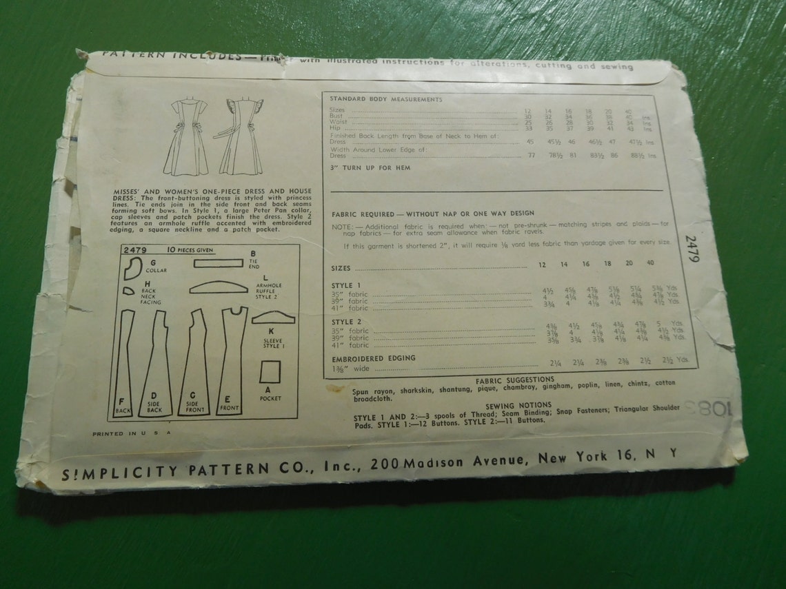 Vintage 40's Simplicity 2479 Sewing Pattern Women's House Day-dress ...