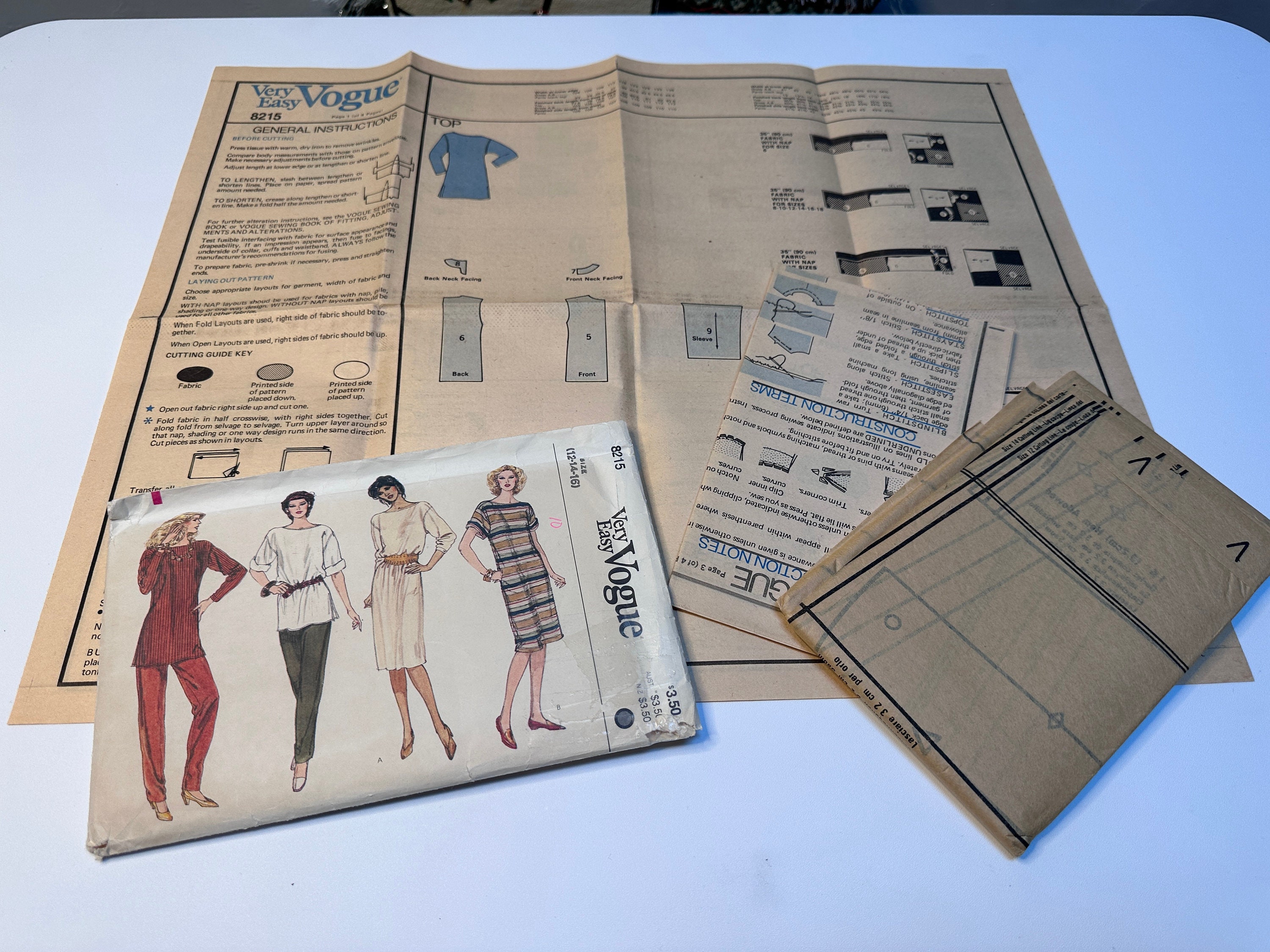 Vintage 80's Vogue #8215 Sewing Pattern Women's Top -pants and Dress Loose Fitting Pullover Bust ...