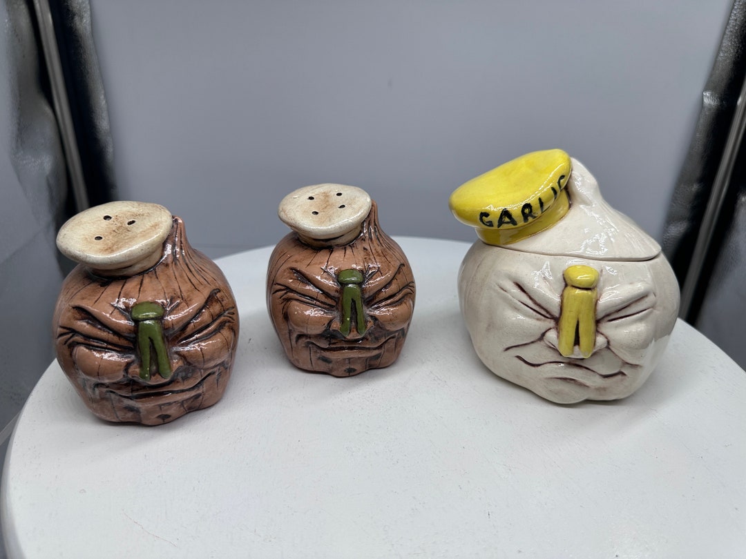 Vintage 70's Anthropomorphic Mr. Garlic Jar and Salt N Pepper Ceramic ...