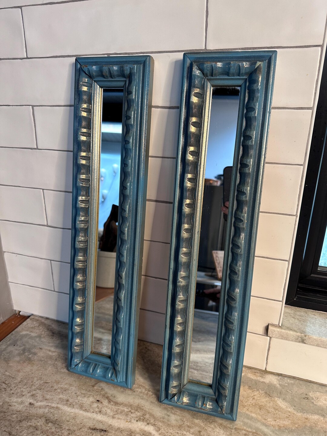 60's Narrow Wood Wall Mirrors Set of Two- Turquoise Turner's Hollywood ...