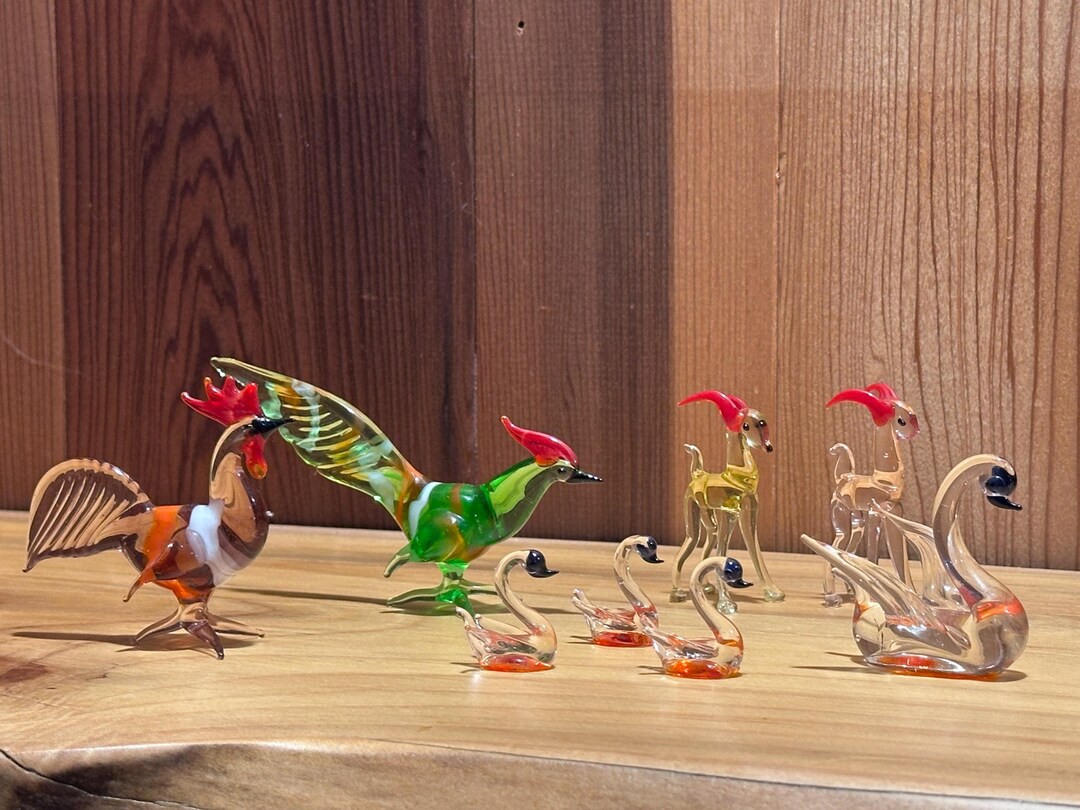 Vintage Miniature Lot of Glass Blown Figures Rooster, Roadrunner, Swans ...