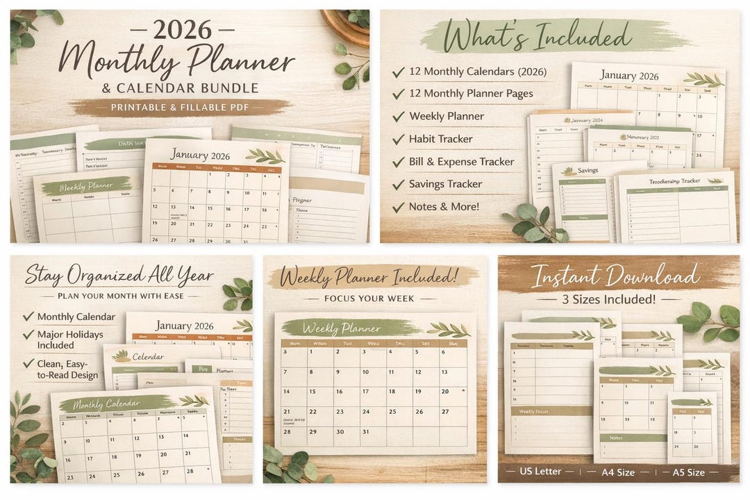 2026 Earthy Planner Bundle | Monthly, Weekly, Savings & Expense Habit ...