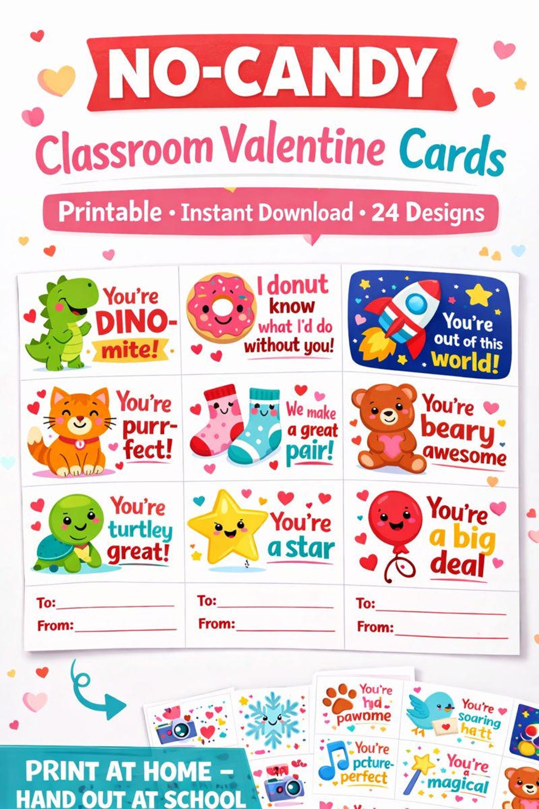 Printable No Candy Valentine Cards | 24 School Safe Designs (instant ...