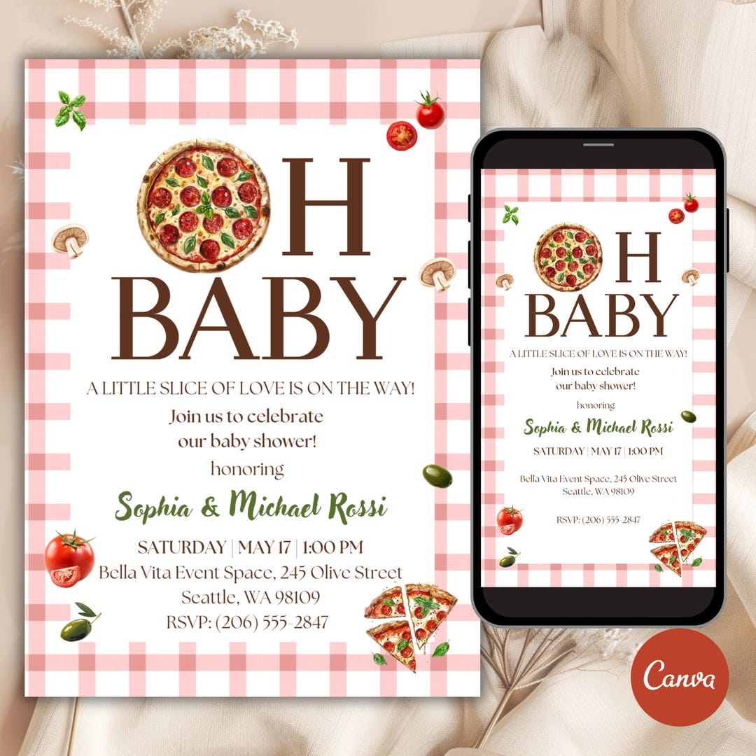 Pizza Baby Shower Invitation Template, Oh Baby Pizza Theme Invite, A ...