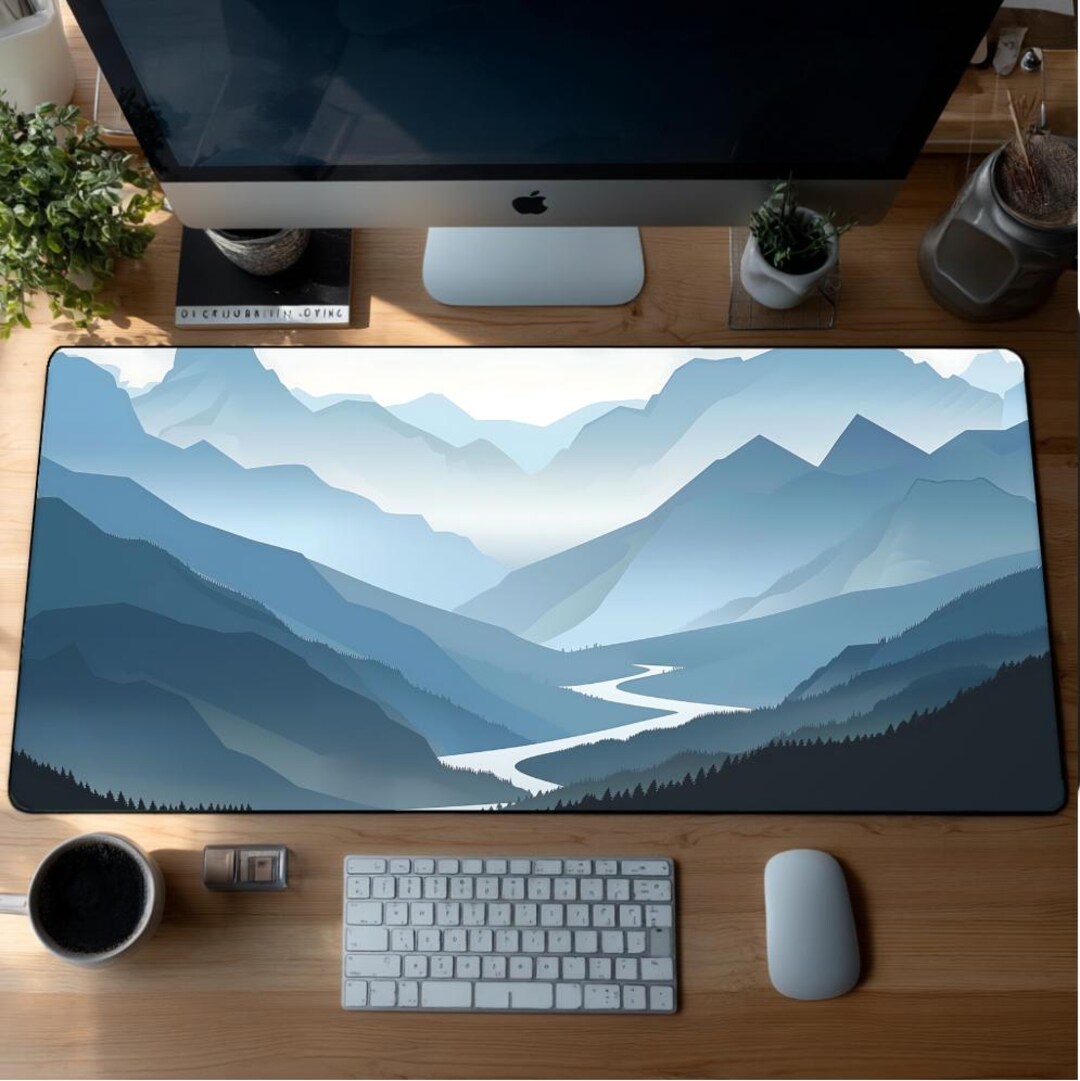 Misty Mountain River Desk Mat | Calming Blue Landscape - Etsy