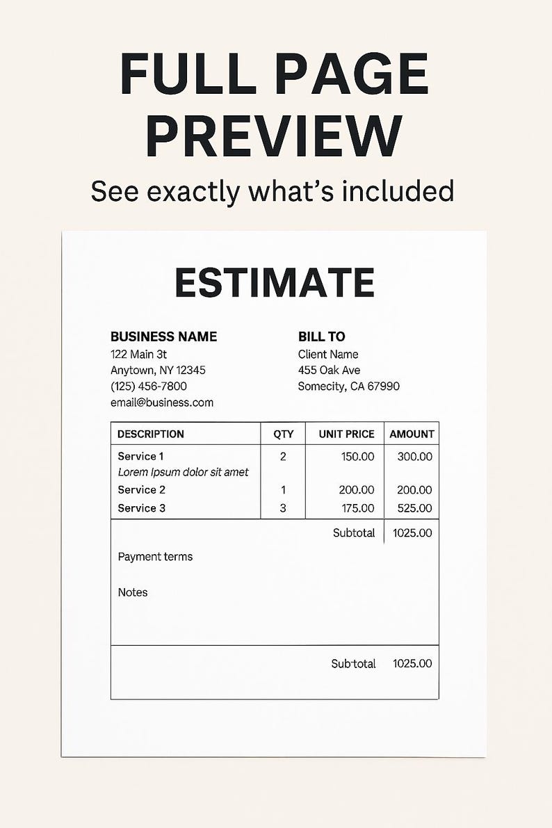 Estimate Template Editable Business Form for Small Business Word + PDF ...