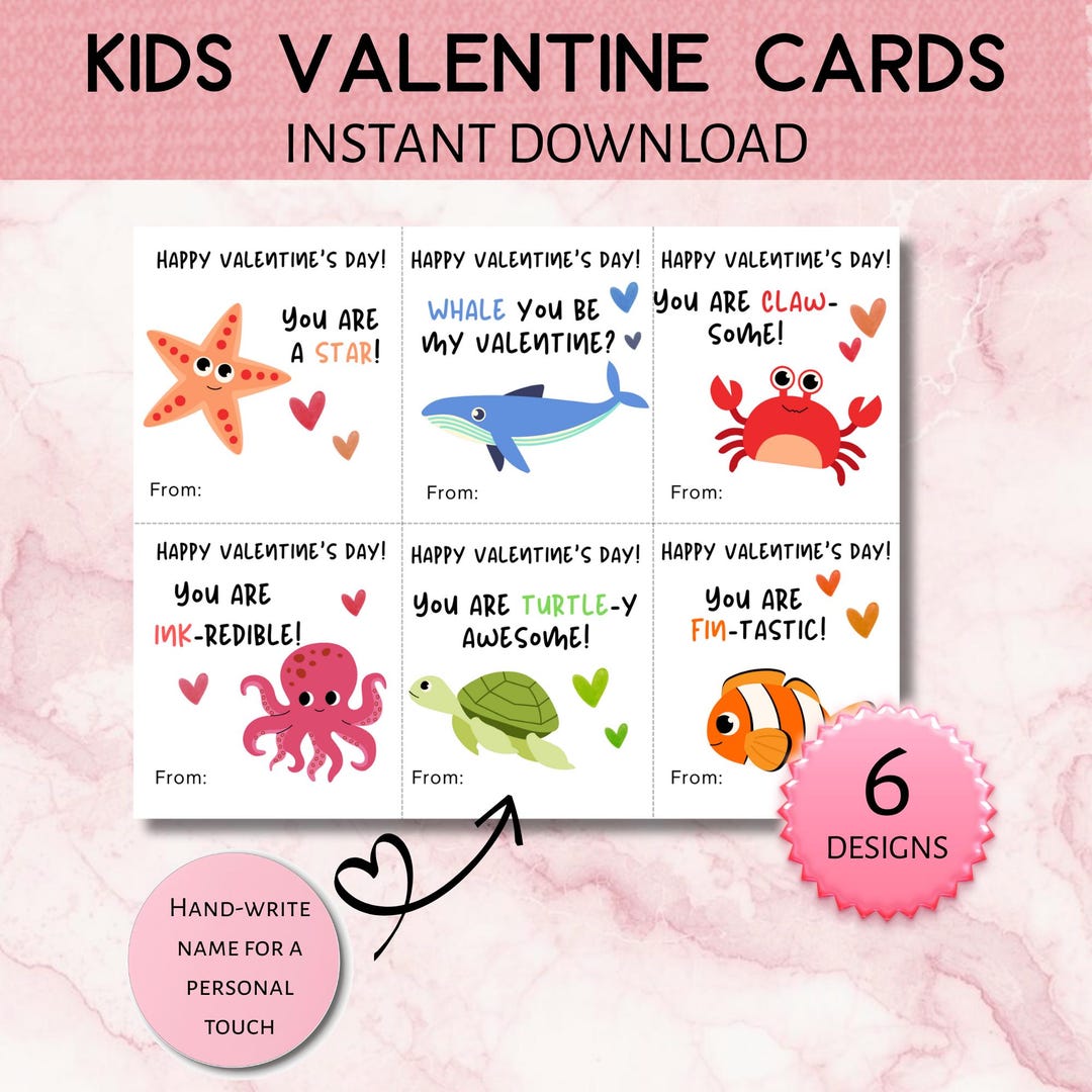 Ocean Sea Creature Printable Valentine Card for Kids Classroom ...