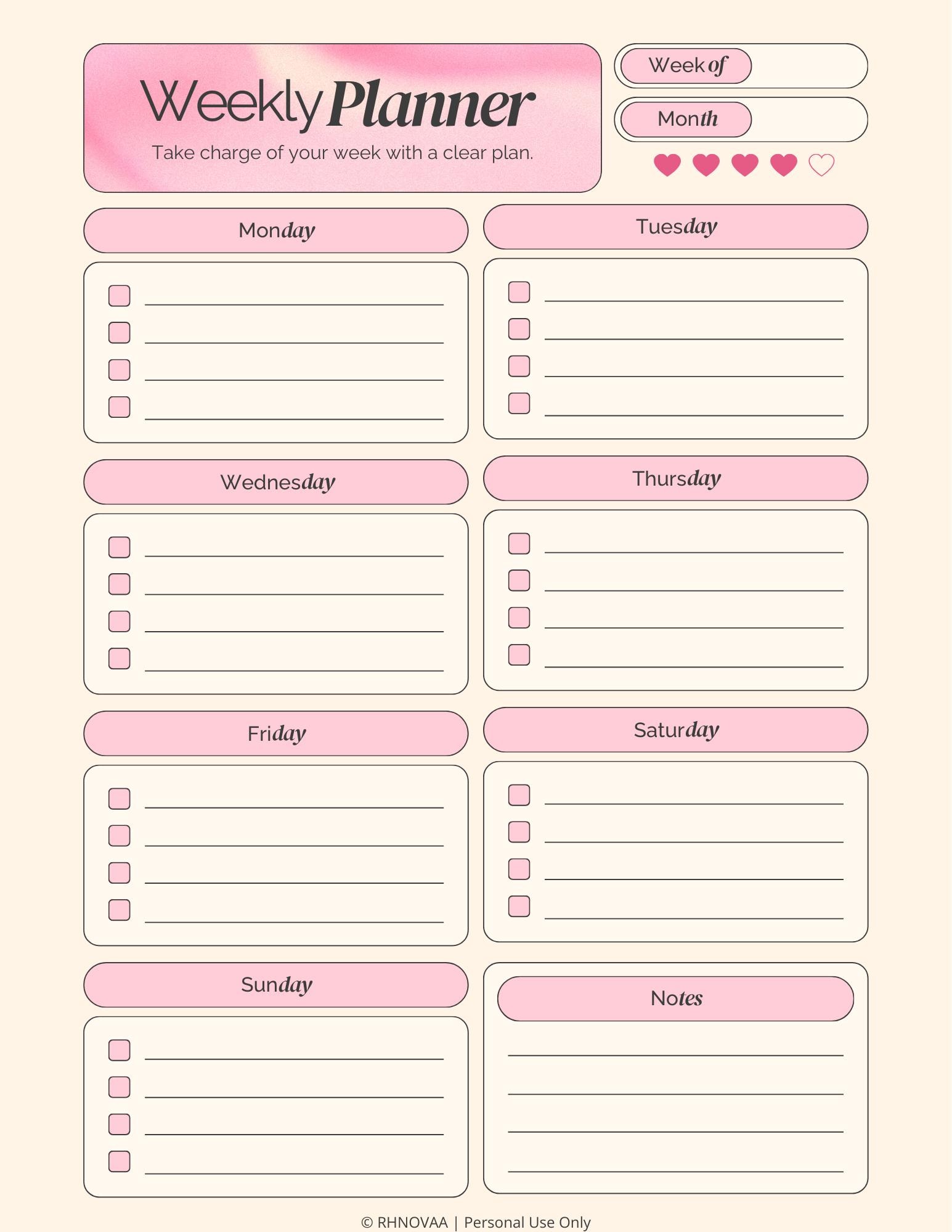 Minimal Pink Undated Weekly Planner Printable and Digital Download - Etsy