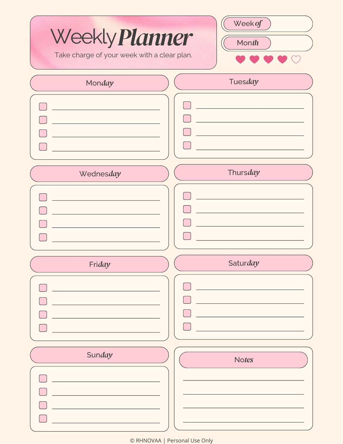 Minimal Pink Undated Weekly Planner Printable and Digital Download - Etsy