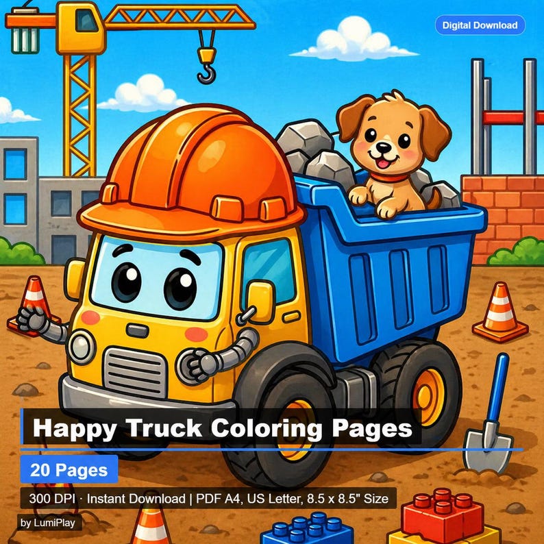 Happy Truck Coloring Pages: Construction Vehicles Activity Worksheets ...