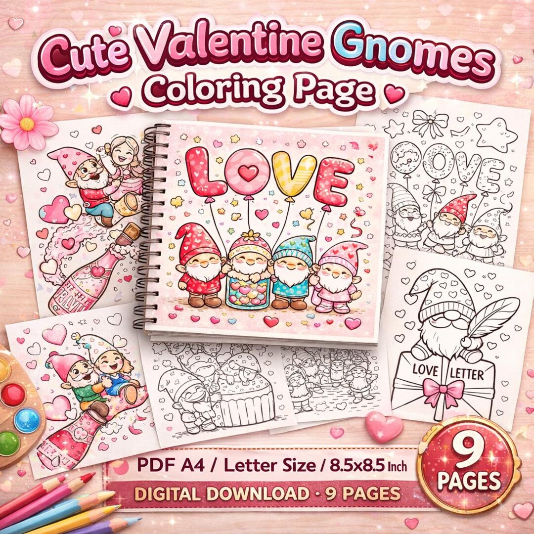 Valentine Gnomes Coloring Pages, Romantic Scenes, Relaxation Activity ...