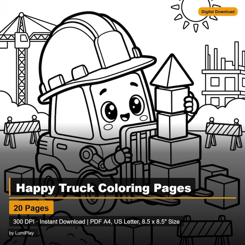 Happy Truck Coloring Pages: Construction Vehicles Activity Worksheets ...