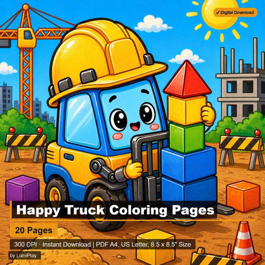 Happy Truck Coloring Pages: Construction Vehicles Activity Worksheets ...