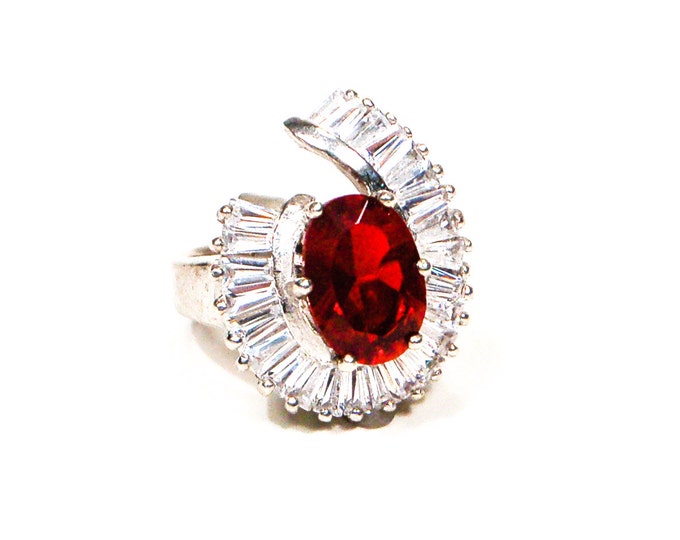 Ruby CZ Cocktail Statement Ring, Silver Tone, Baguette Cubic Zirconias ...