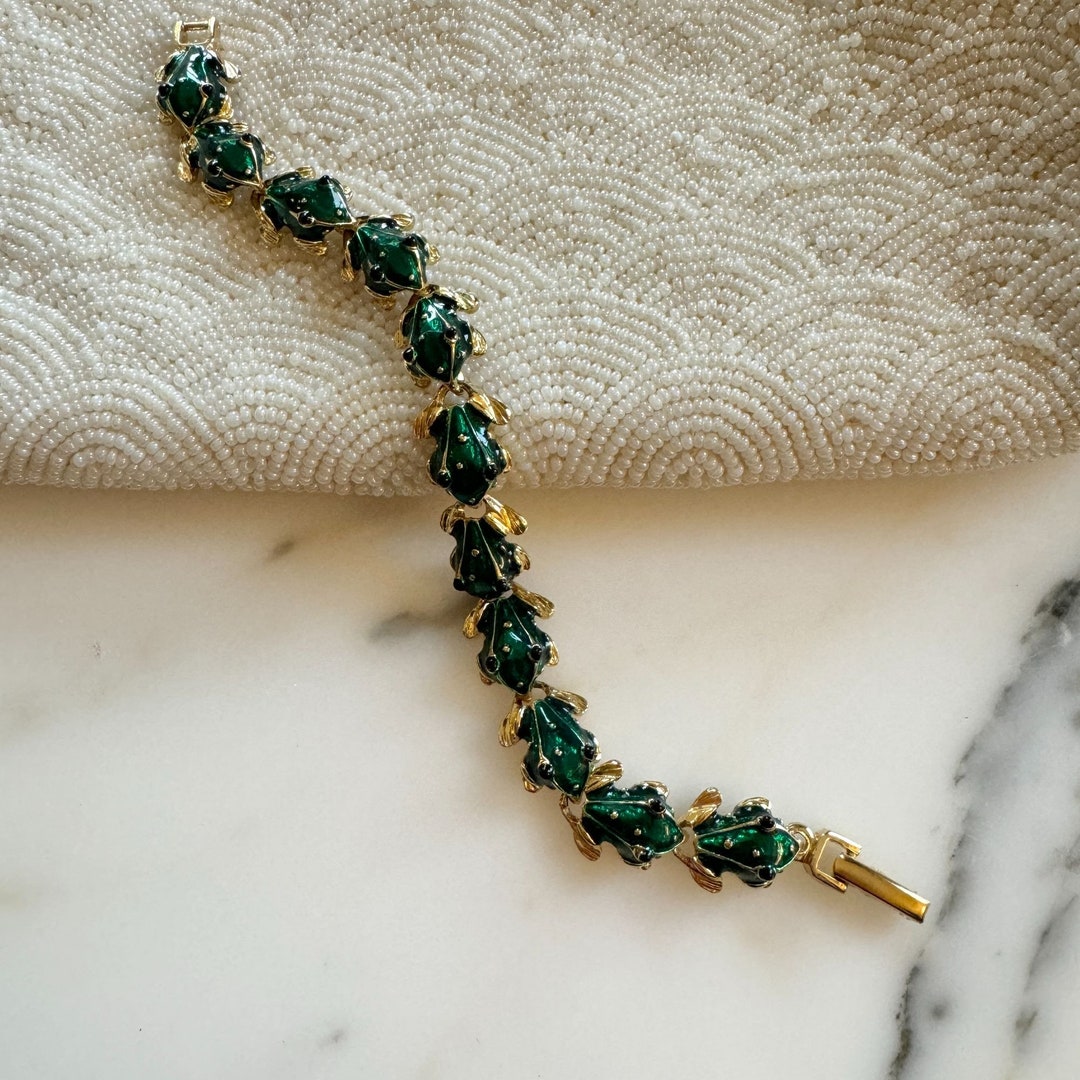 Vintage 1980s Frog Link Bracelet, Green Enamel and Gold Tone, Fun ...