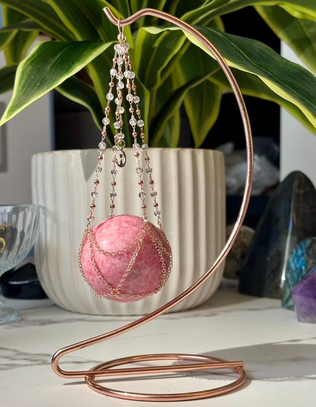 Rare Pink Thulite Sphere & Rose Gold Hanging Display. Set. - Etsy