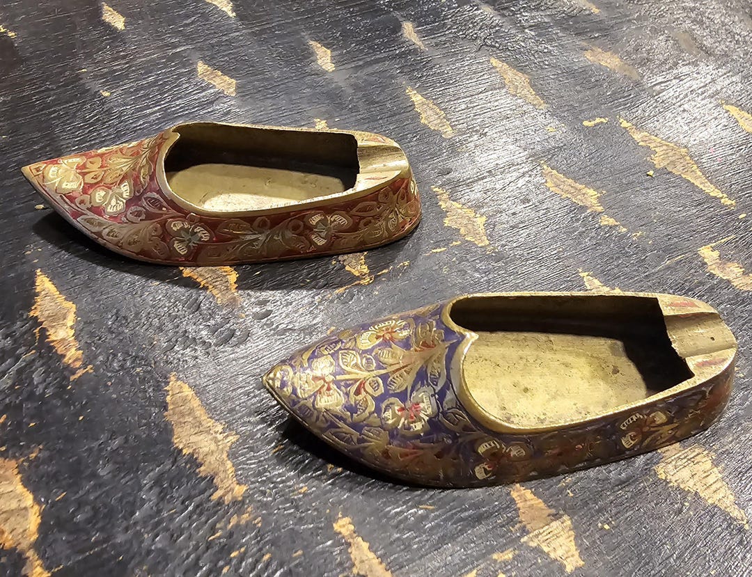 Etched Brass Shoe Slipper India Red and Purple Details Ashtray Incense ...