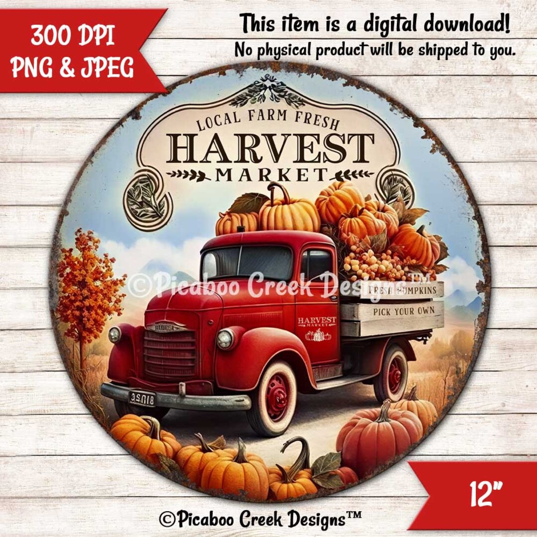Sublimation PNG Fall Red Truck Vintage - Round Wreath Sign - Fall ...