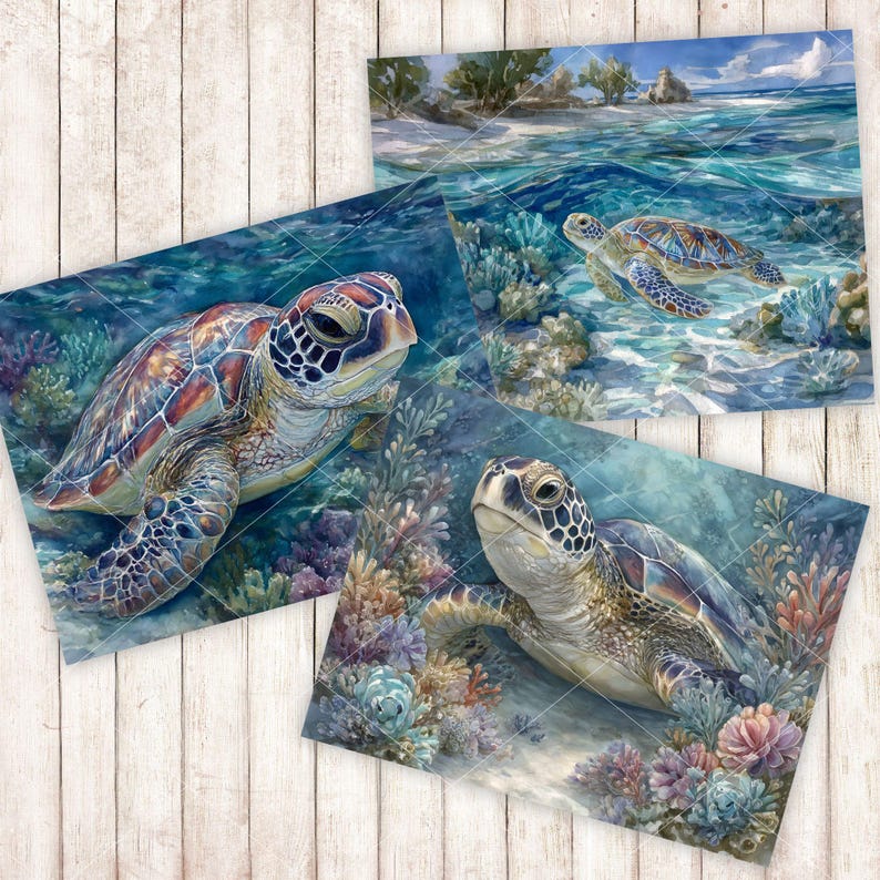 Watercolor Sea Turtle Digital Paper: Scrapbook, Junk Journal (8.5x11 ...