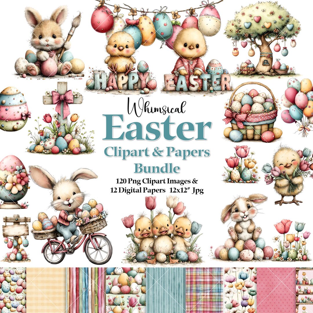 Watercolor Easter Clipart & Papers Bundle, 120 Whimsical PNG Graphics ...