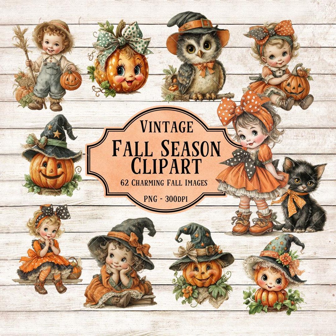Vintage Halloween Fall Clipart Bundle, Retro Fall Graphics, Spooky ...