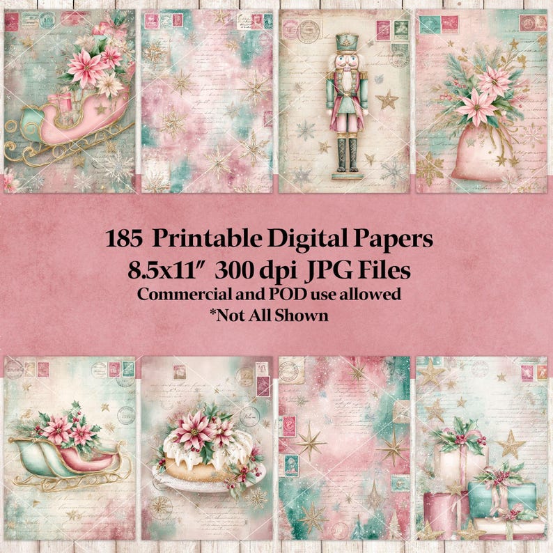 Vintage Pink Christmas Digital Papers - Junk Journal Pages, Card Making ...