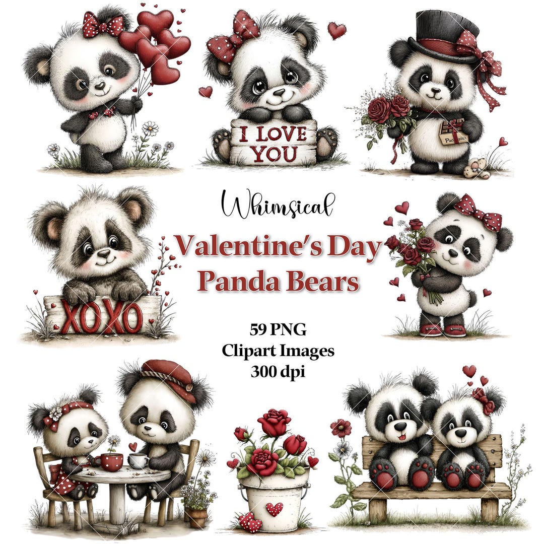 Valentine's Day Panda Bears Watercolor Clipart Bundle, Whimsical Panda ...