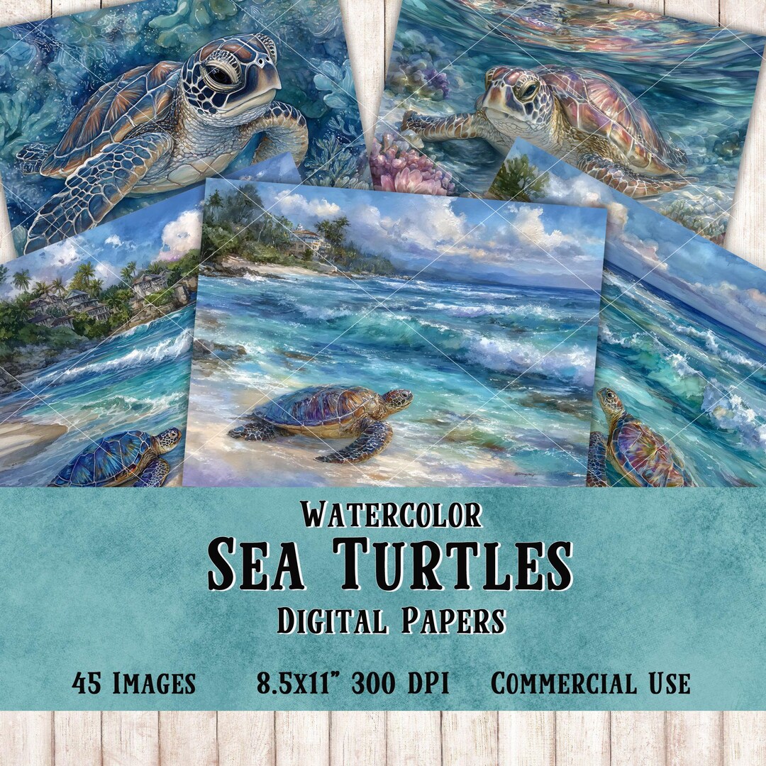 Watercolor Sea Turtle Digital Paper: Scrapbook, Junk Journal (8.5x11 ...