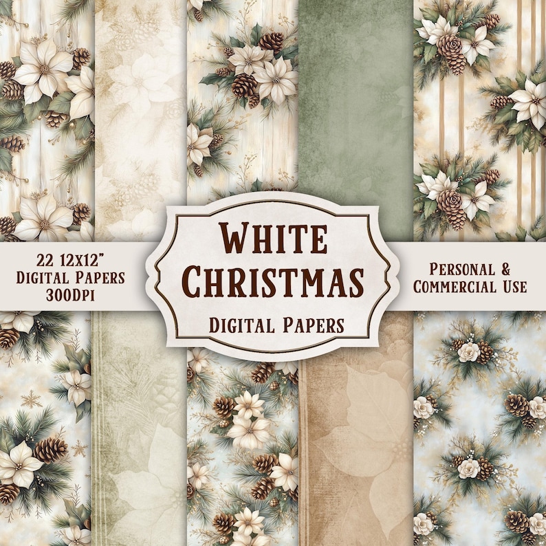 White Christmas Digital Papers: Floral Winter Patterns (digital ...