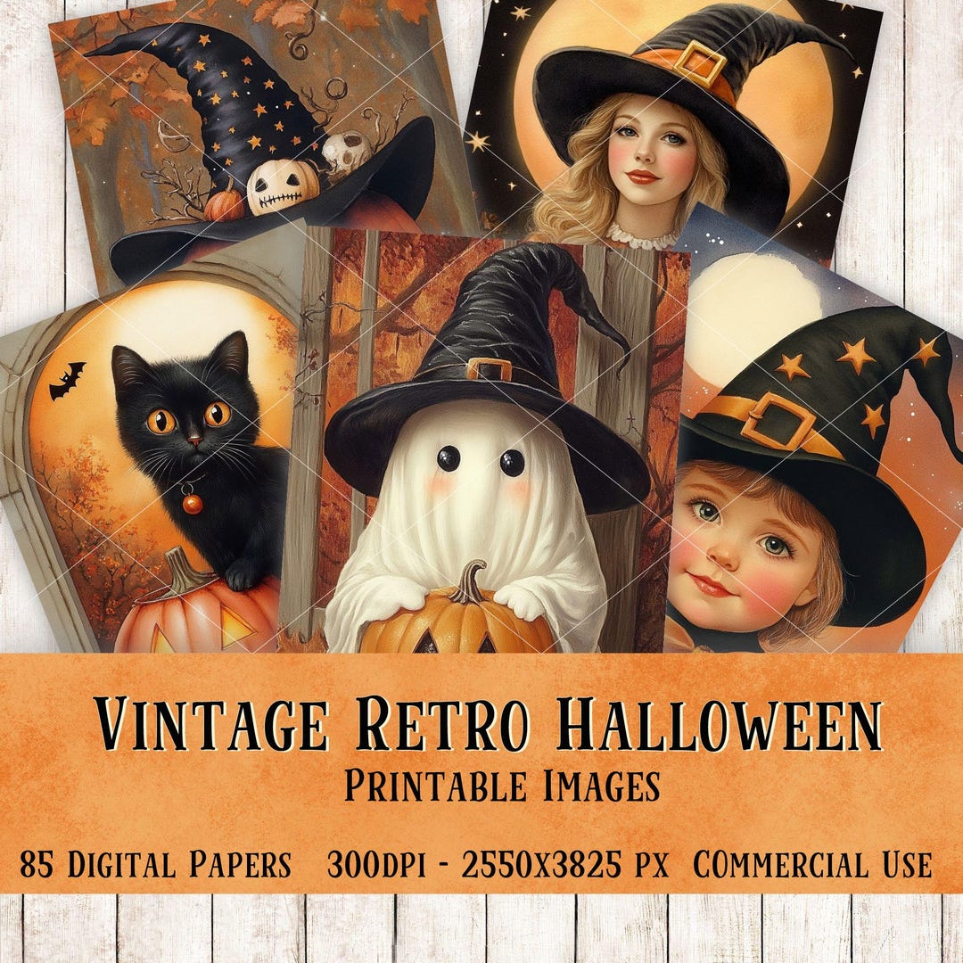 Vintage Halloween Digital Paper Set: Retro Witch, Pumpkin Designs, Junk ...
