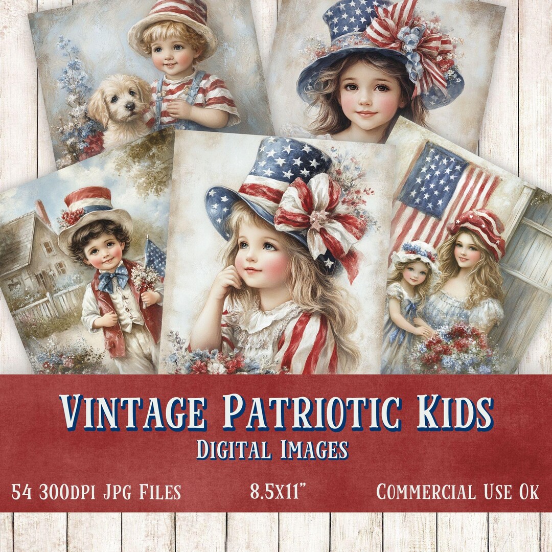 Vintage Patriotic Kids Digital Paper: 4th of July Scrapbook Images ...