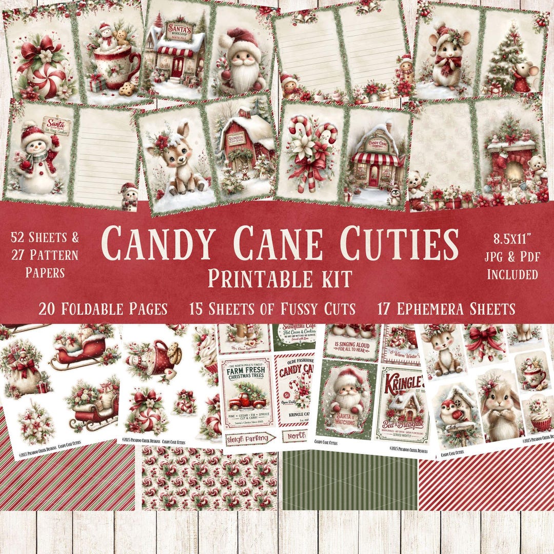 Candy Cane Cuties Christmas Junk Journal Pages, Printable Craft Kit ...
