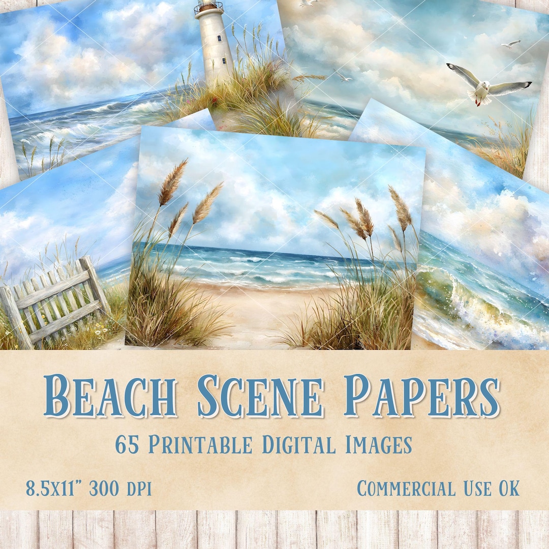 Coastal Beach Scenes Digital Paper Pack: Ocean Junk Journal Pages, Card ...