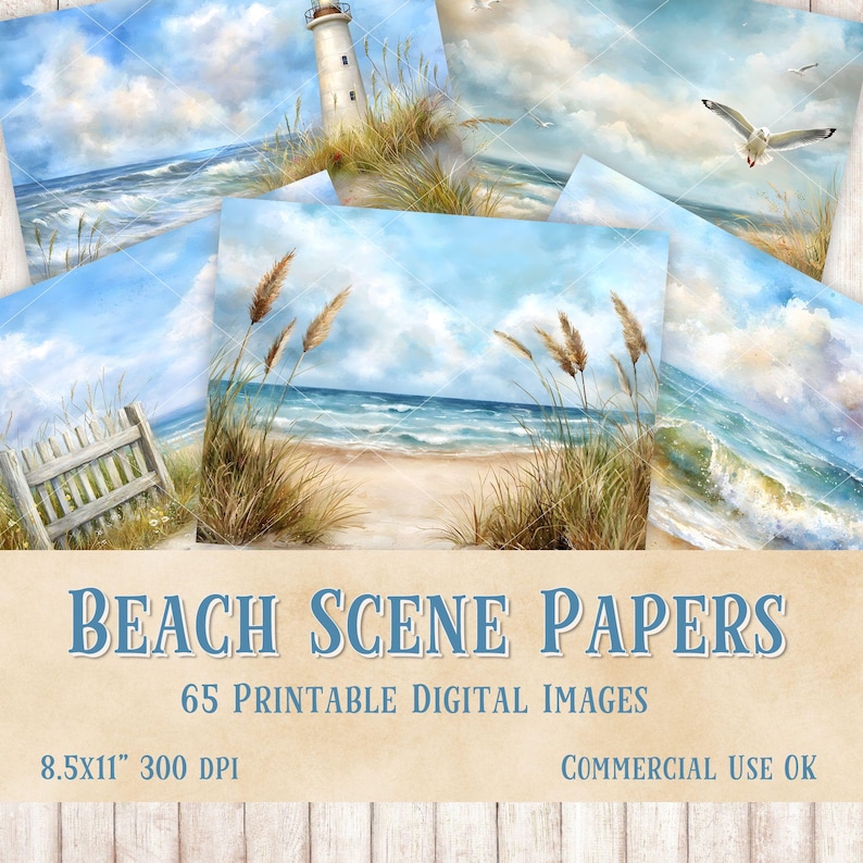 Coastal Beach Scenes Digital Paper Pack: Ocean Junk Journal Pages, Card ...