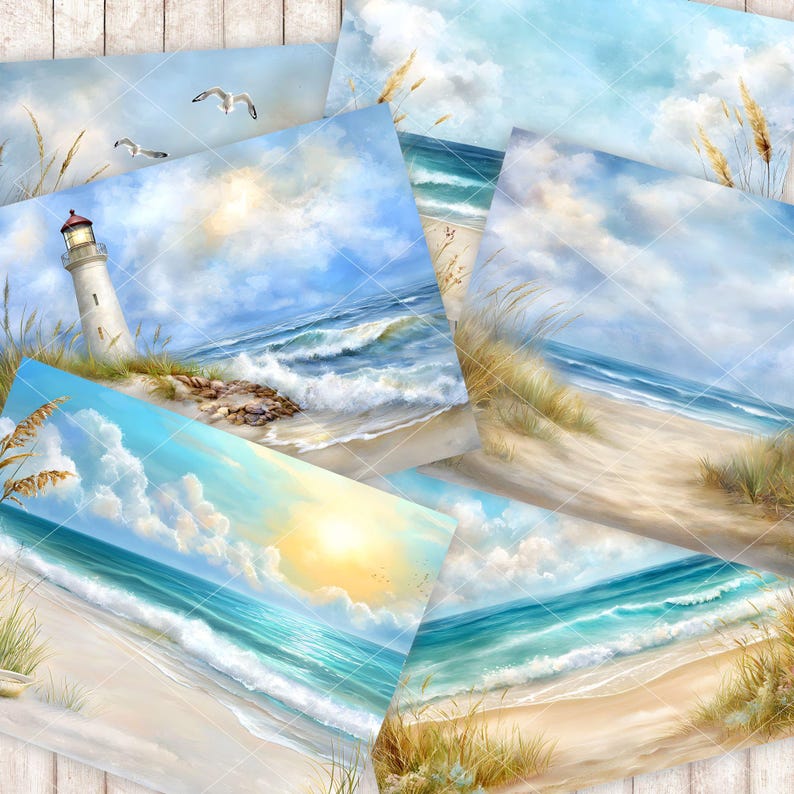 Coastal Beach Scenes Digital Paper Pack: Ocean Junk Journal Pages, Card ...