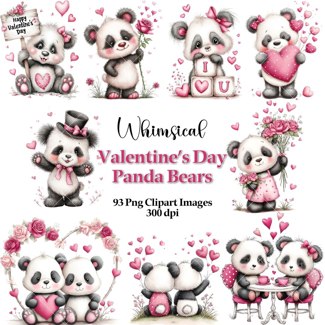 Valentine's Day Pink Panda Bears Watercolor Clipart Bundle, Whimsical ...