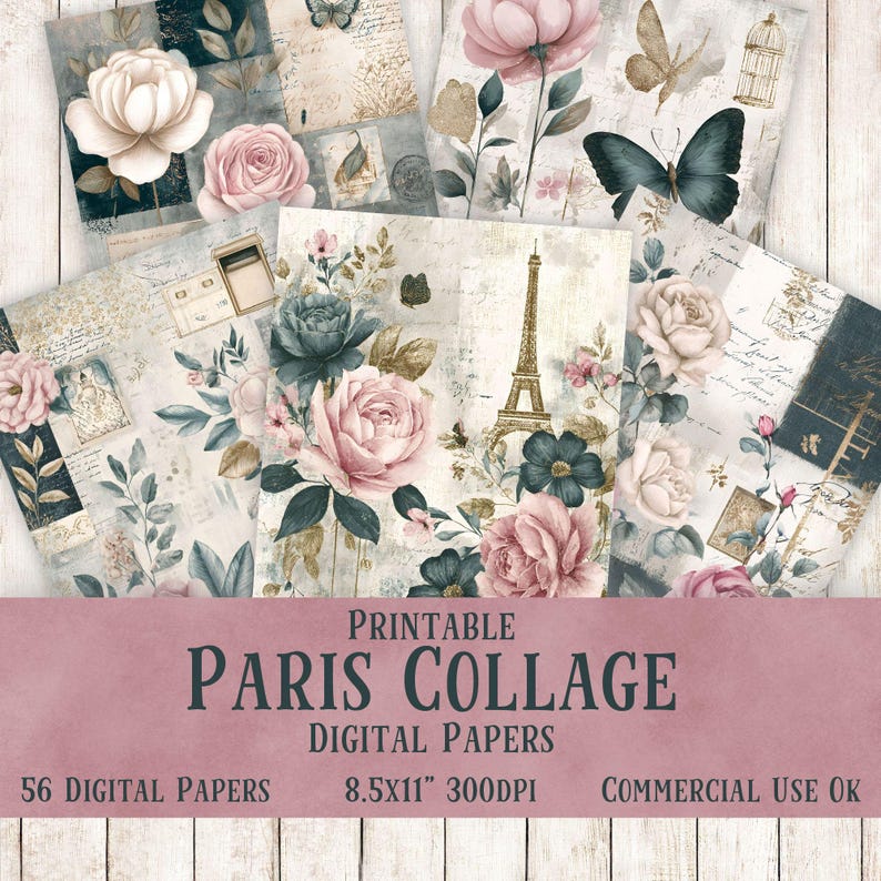 Paris Collage Digital Paper Pack: Vintage Ephemera, Eiffel Tower (8 ...