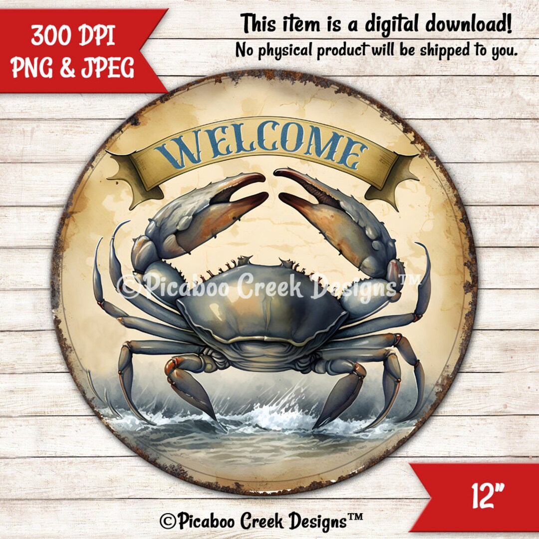 Beach Sublimation Design Vintage Blue Crab Welcome Sign - Wreath Sign ...