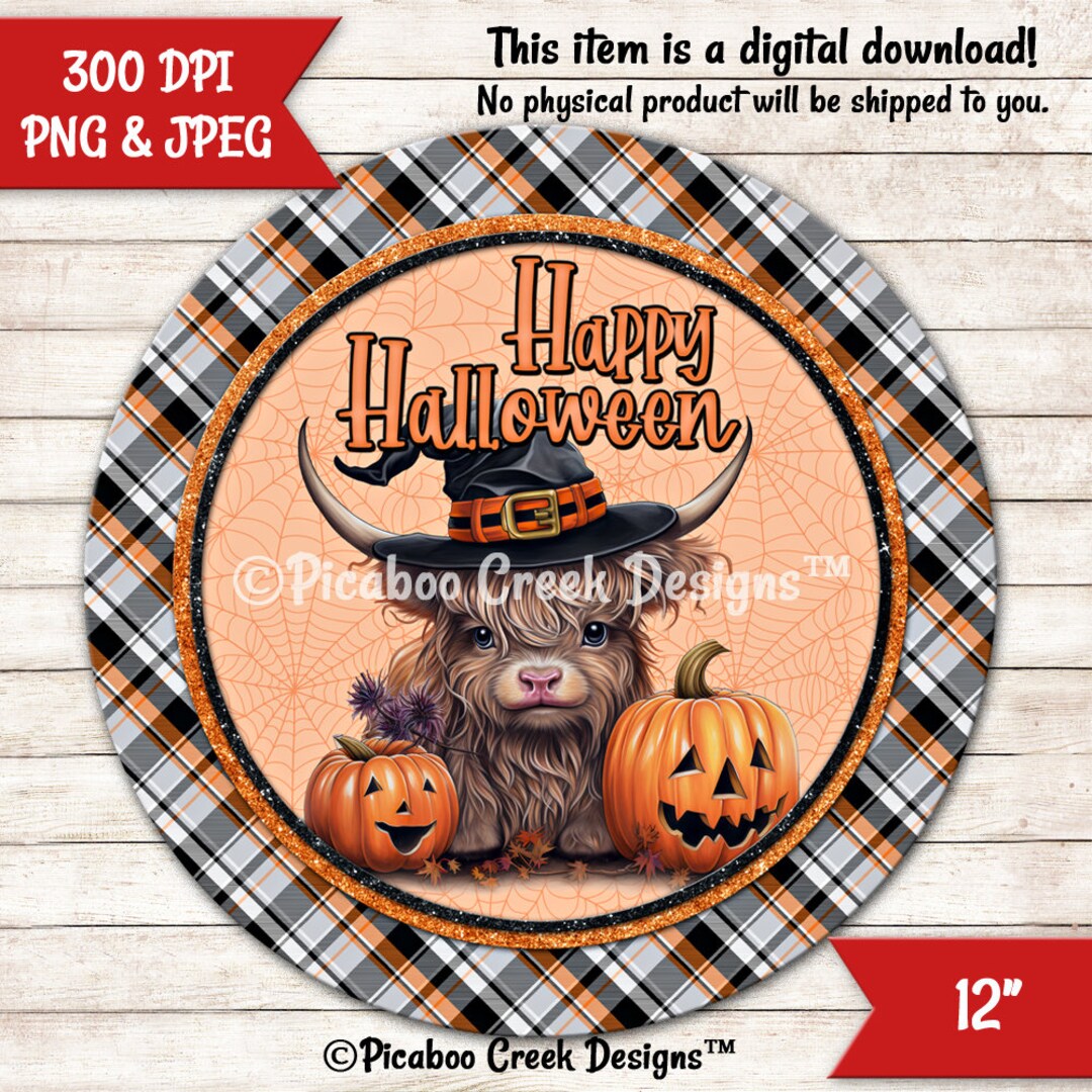 Cute Highland Cow Happy Halloween Sublimation Jack O Lantern Wreath ...