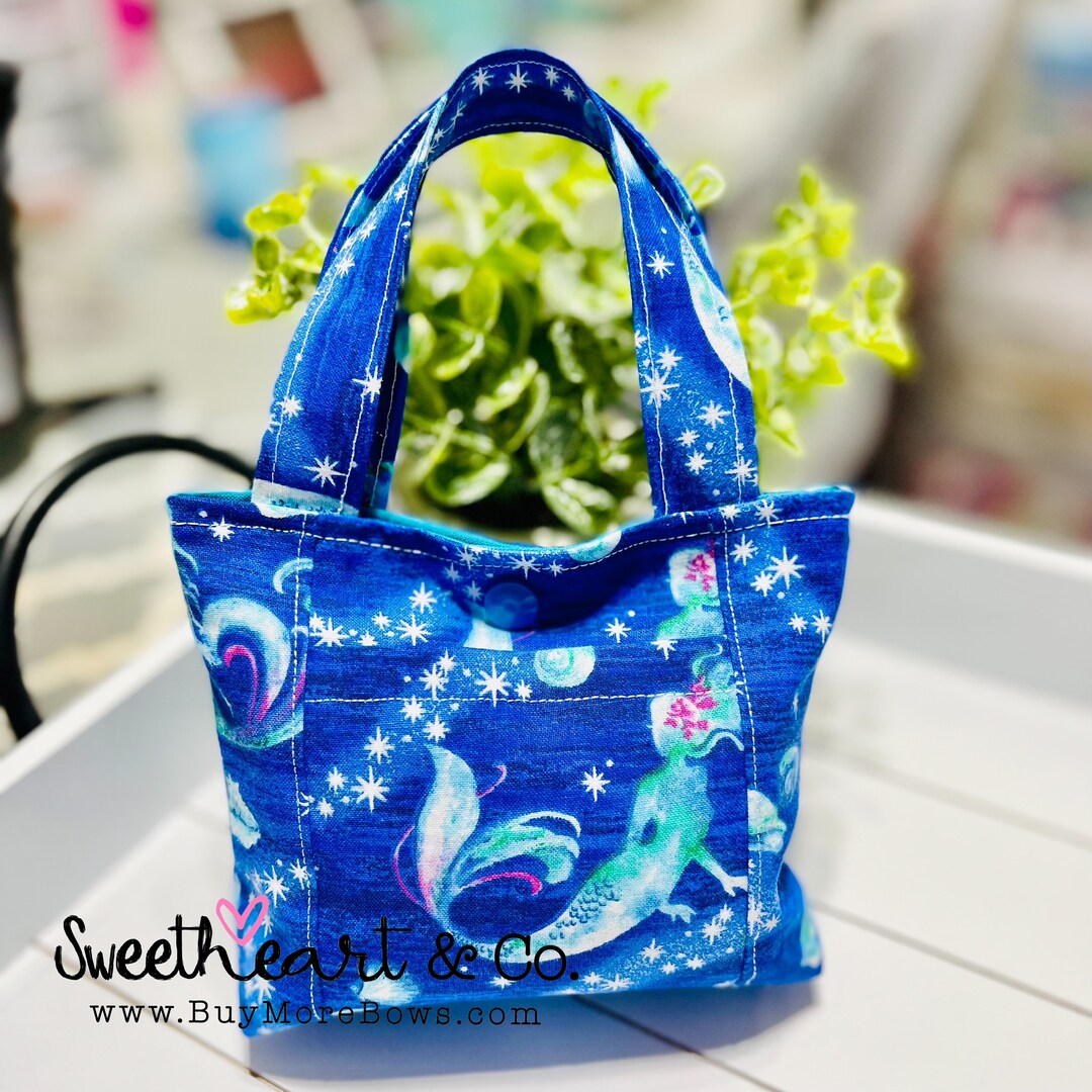 Blue Mermaids Mini Tote Bag With Snap Top and Pocket/ Tiny Tote/ Small ...