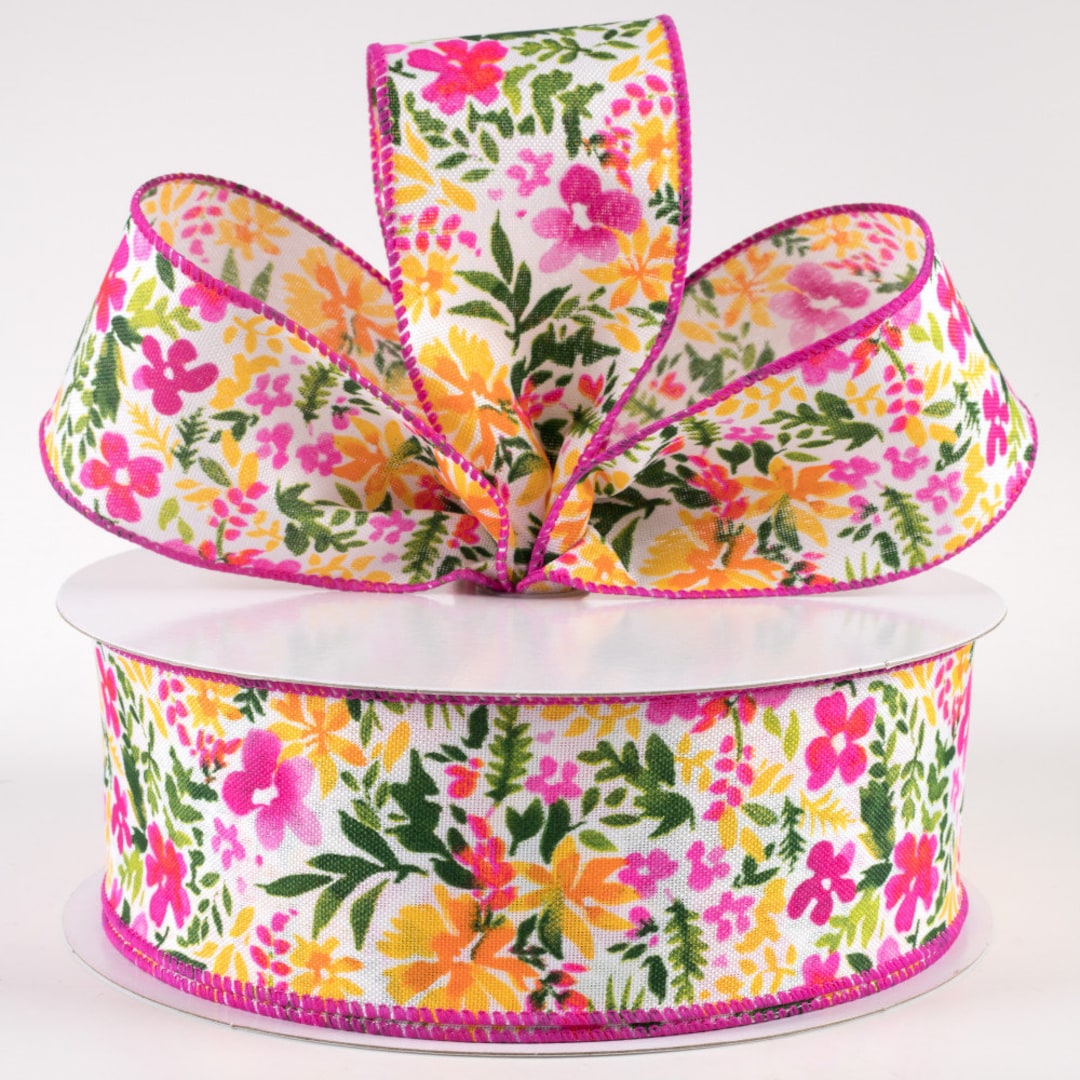 2.5" Watercolor Flowers on Linen Ribbon, Wired Ribbon, Check Ribbon ...