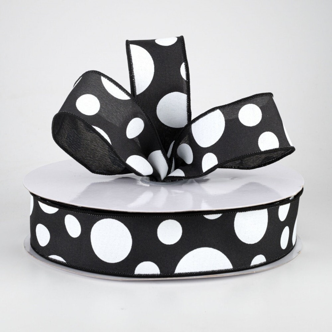 1.5" Black & White Polka Dot Ribbon, Wired Ribbon, Halloween, Christmas ...