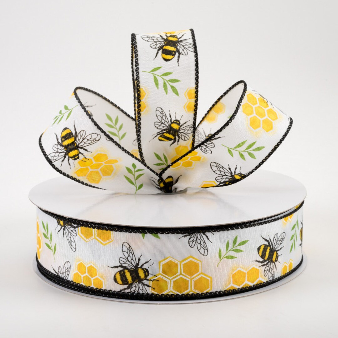 1.5" Honeycombs & Bees on White Satin Ribbon, Wired Ribbon, Bee Ribbon ...