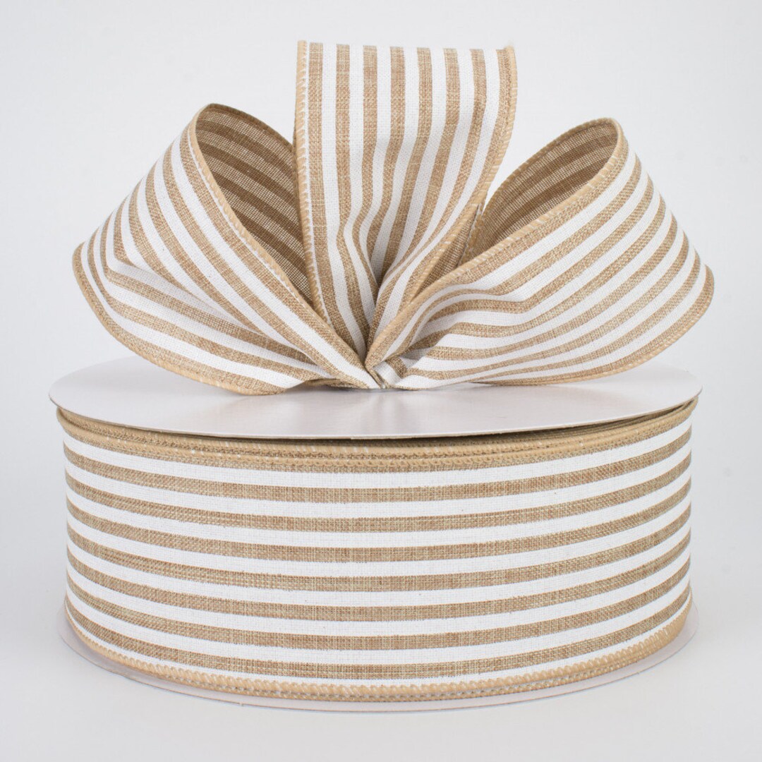 2.5 Cabana Striped Beige & White Wired Ribbon, Christmas Ribbon, Wreath ...